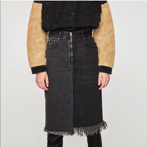 Zara | Skirts | Zara Denim Colorblock Fray Hem Midi Skirt | Poshmark
